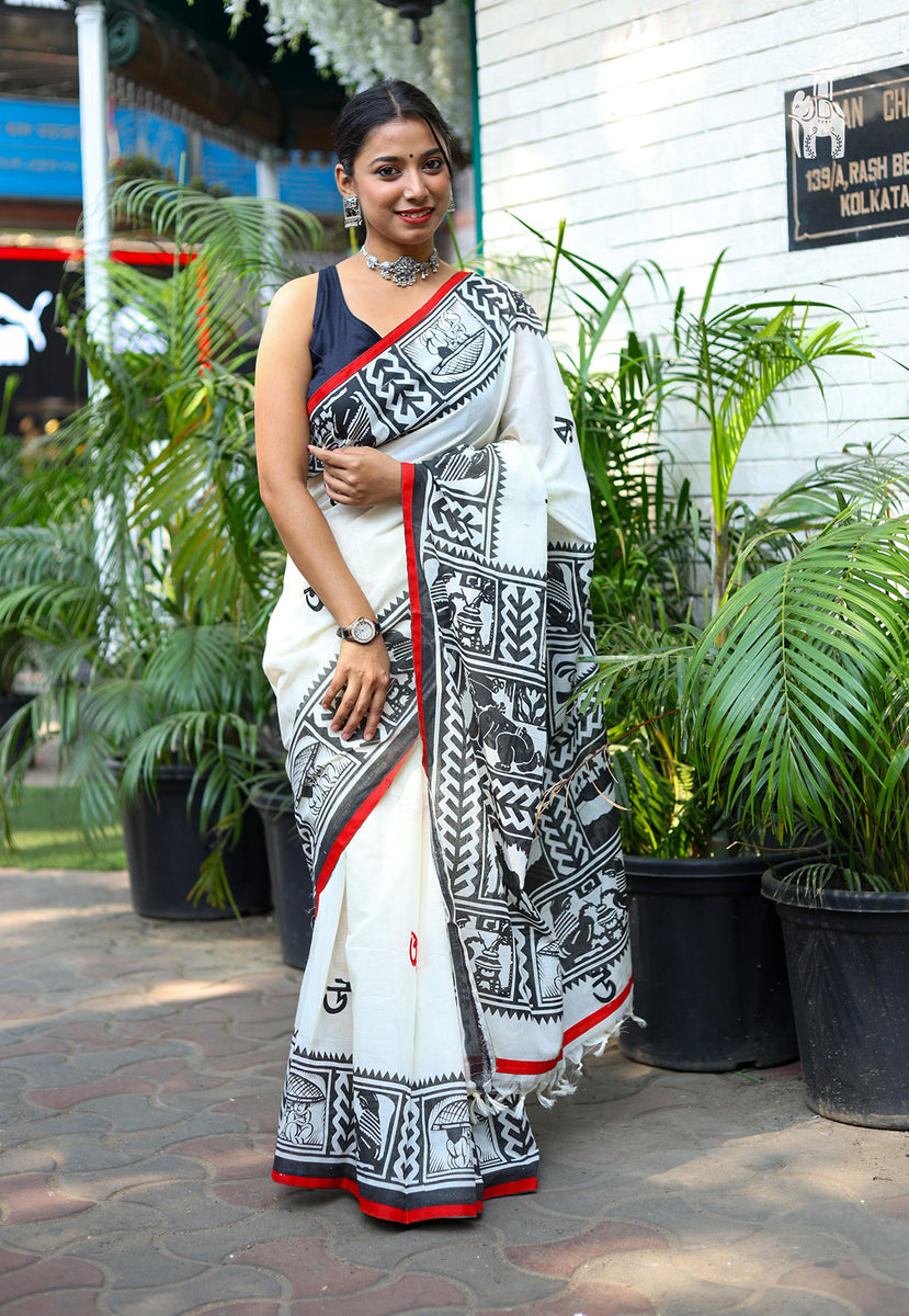White Appliqué Work Saree