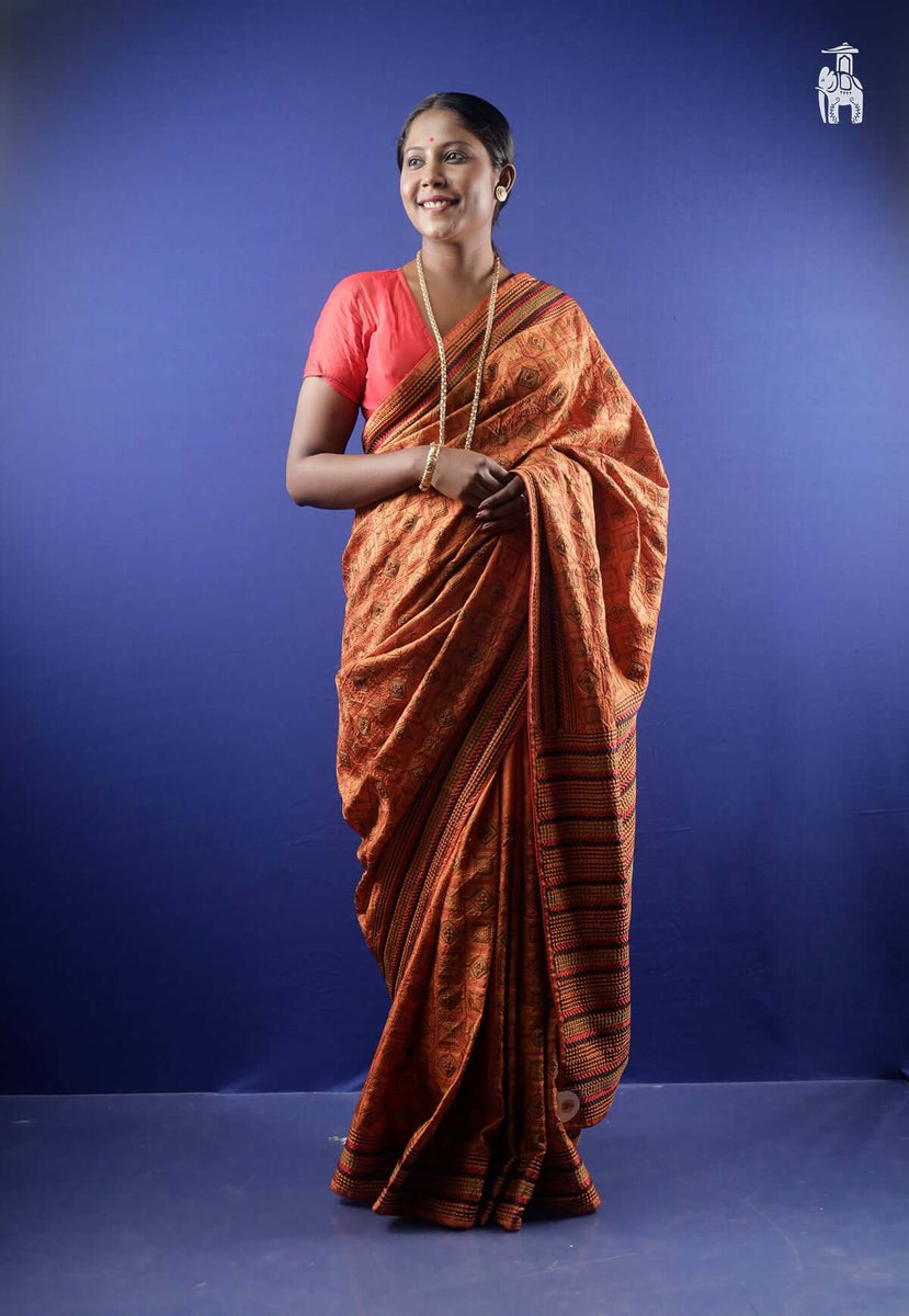 Shop Rust Kantha Stitch Saree| Perfect for this Puja