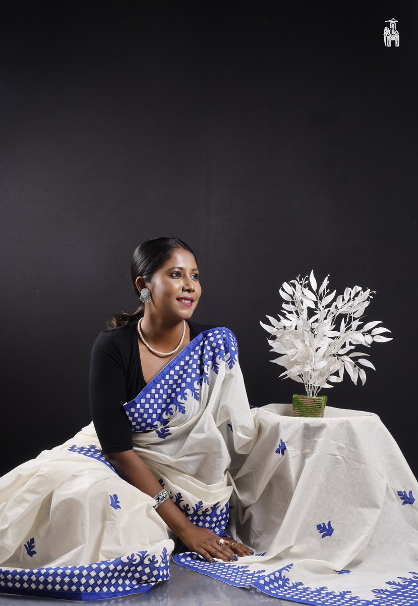 White Applique Work Saree with Deep Blue Border