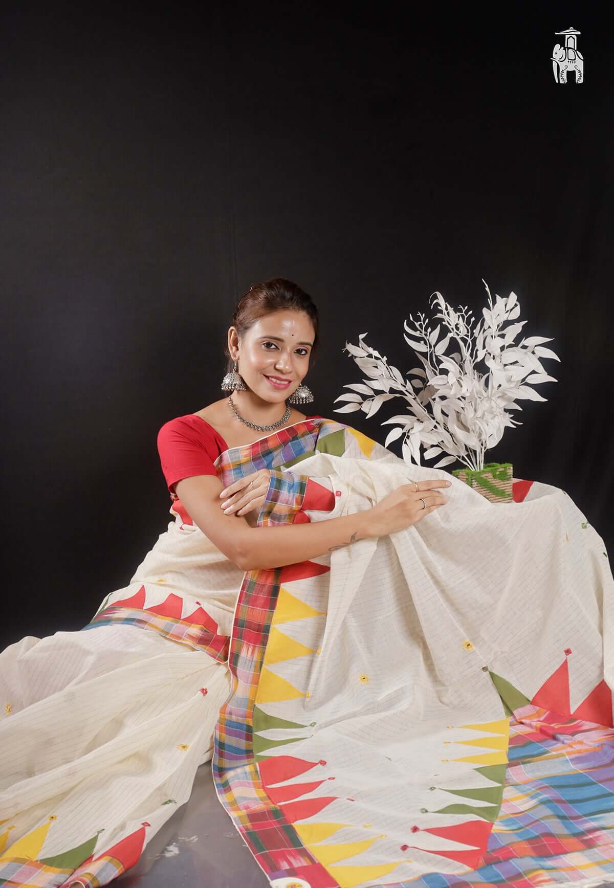 Shop White Applique Work Saree with Multicolor Border