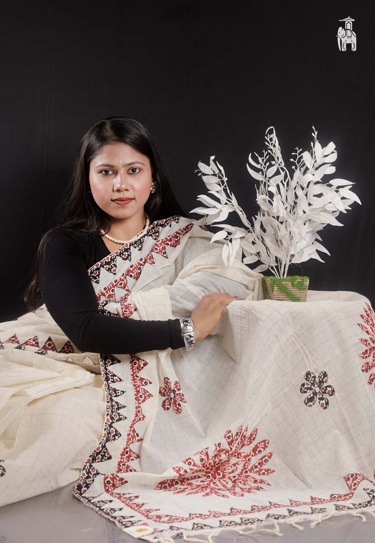 Buy White Applique Work Saree with Red & Black Border